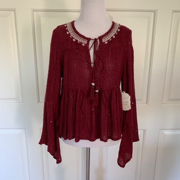 Altar'd State | Tops | Nwt Cranberry Beaded Bell Sleeve Flowy Tassel ...